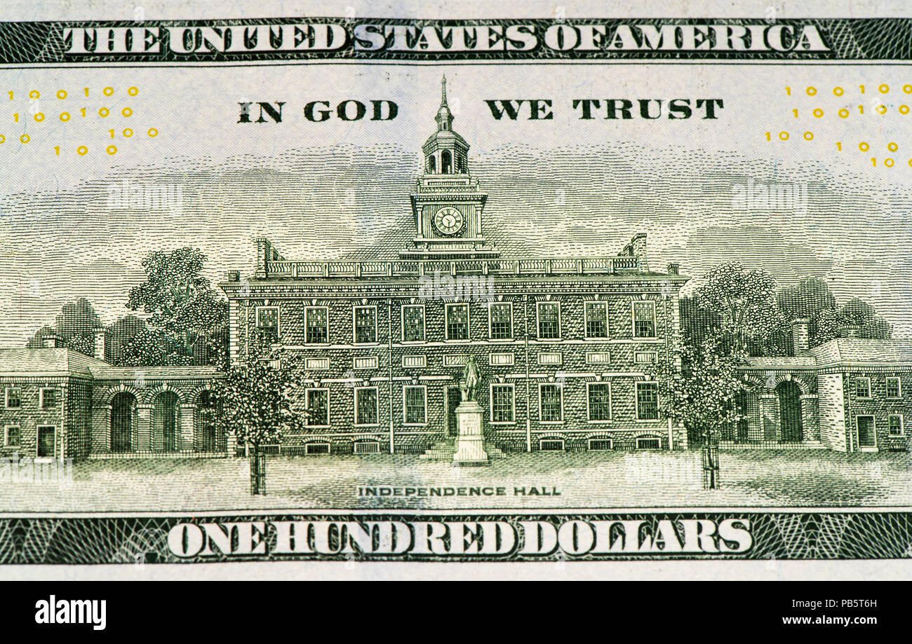 Independence hall on a 100 US dollars bank note made in 2009 Stock ...