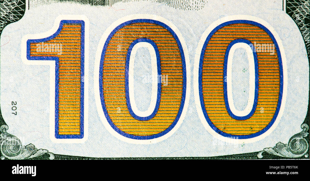Number 100 on a 100 US dollars bank note made in 2009 Stock Photo - Alamy