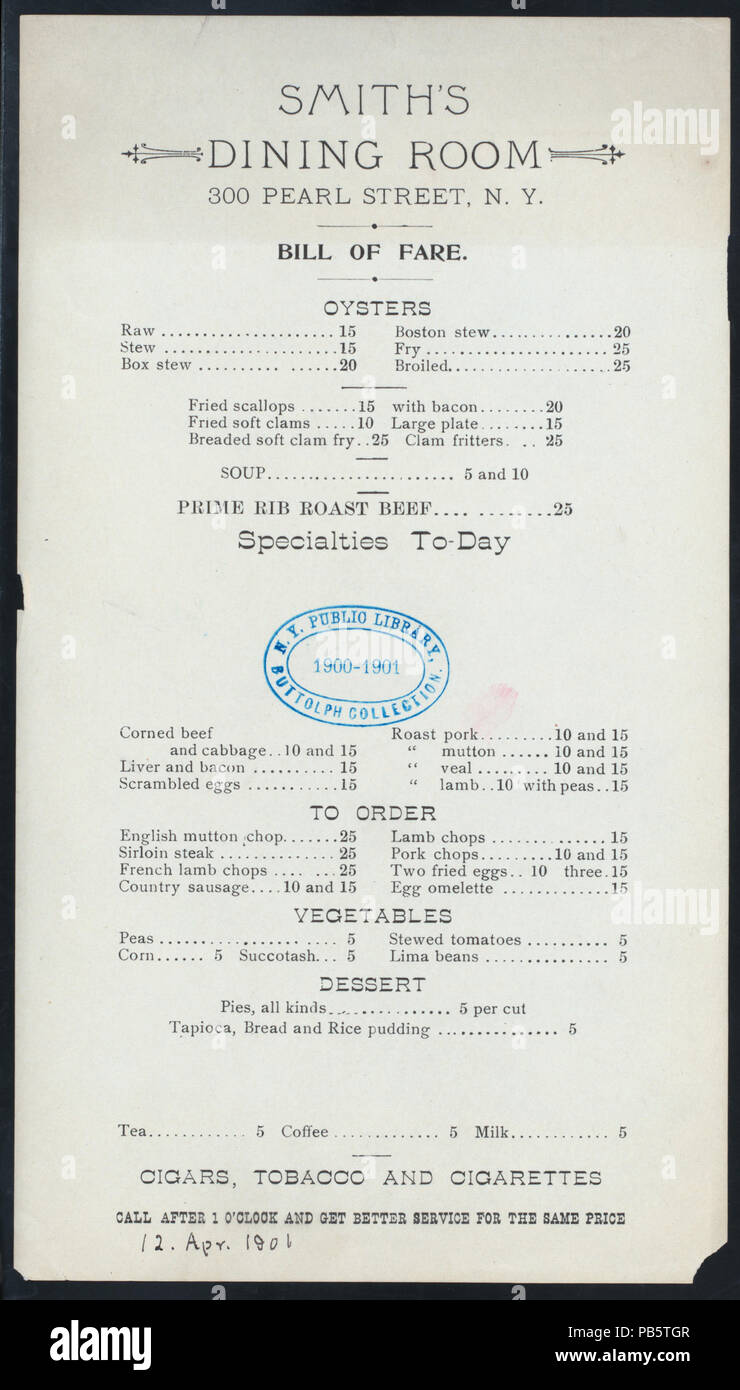 1018 MENU; (held by) SMITH'S DINING ROOM (at) "300 PEARL STREET,NEW ...