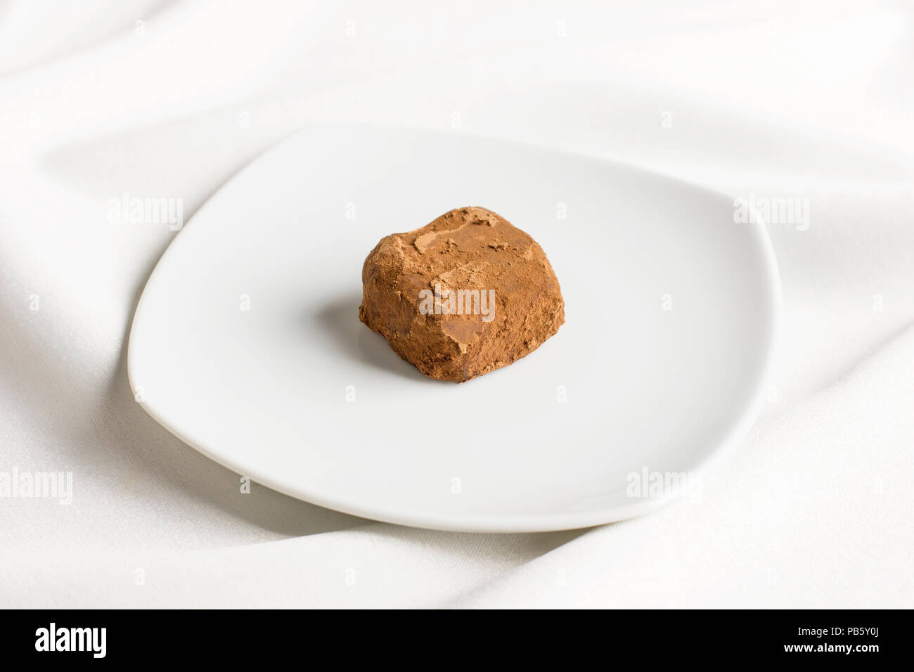 Handmade raw food candy truffle in cocoa on white platter Stock Photo ...