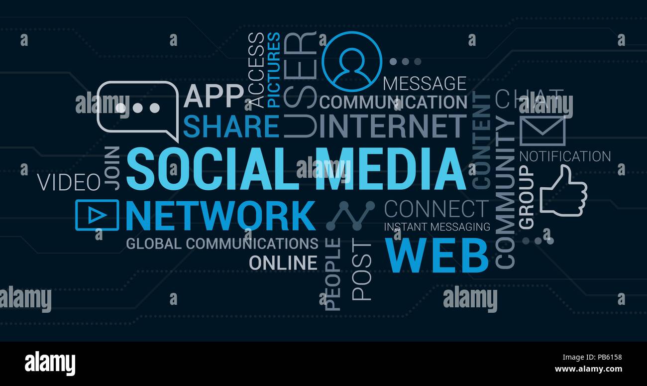 Social media, internet and networks tag cloud with icons and concepts ...