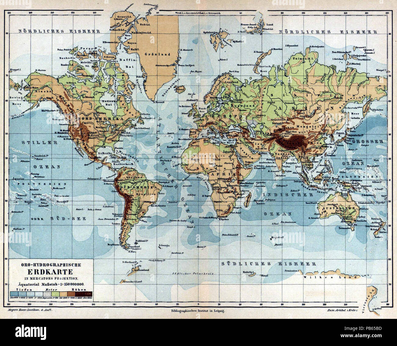 . Deutsch: „Oro-hydrographische Erdkarte in Mercators Projektion“ (Äquatorial-Maßstab 1 : 150 ...