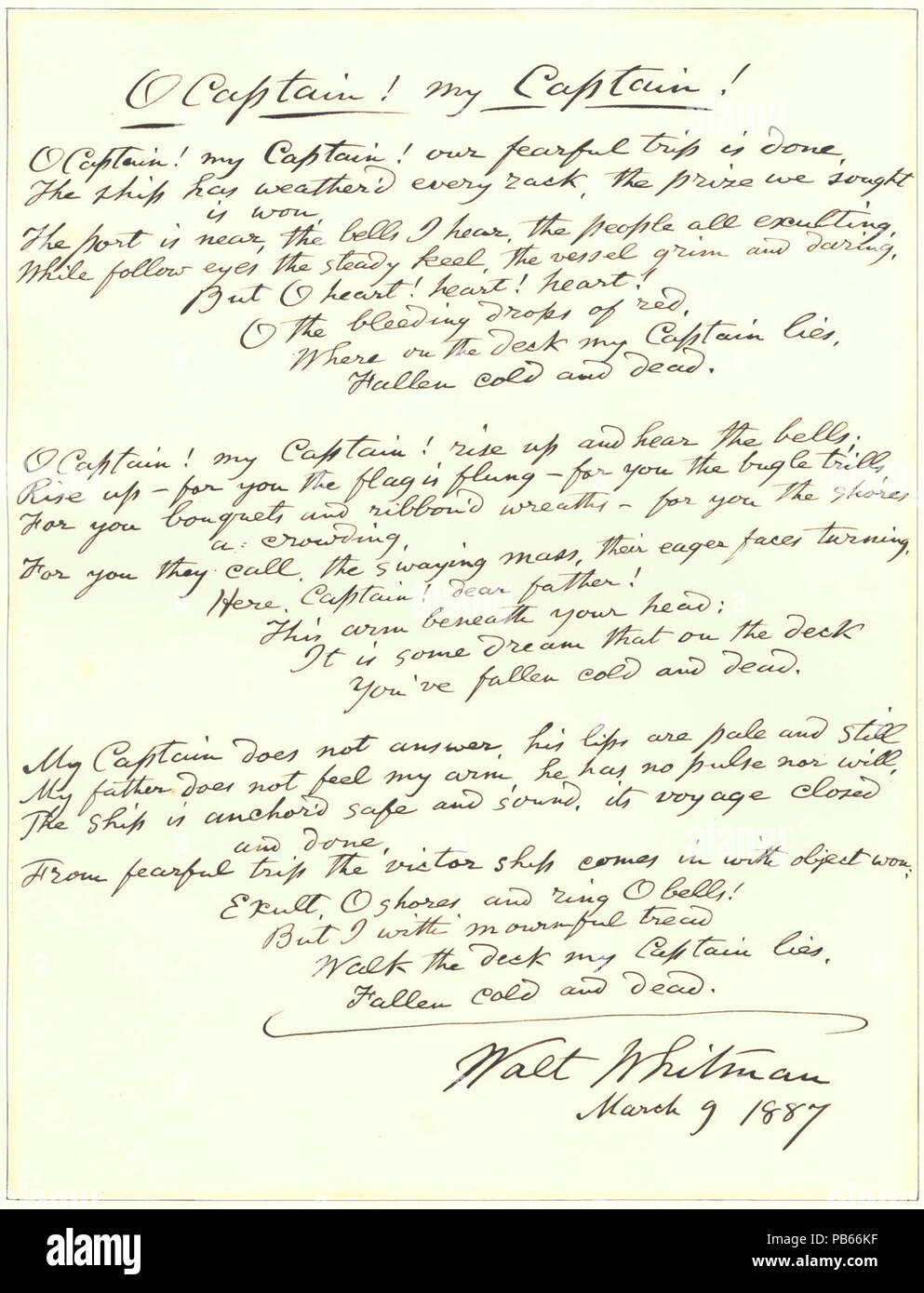 1852 Whitman Poem O Captain My Captain 09MAR1887 handwritten Stock ...