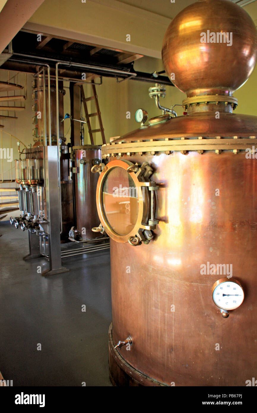 Brass distill equipment inside the well known rum distillery building ...