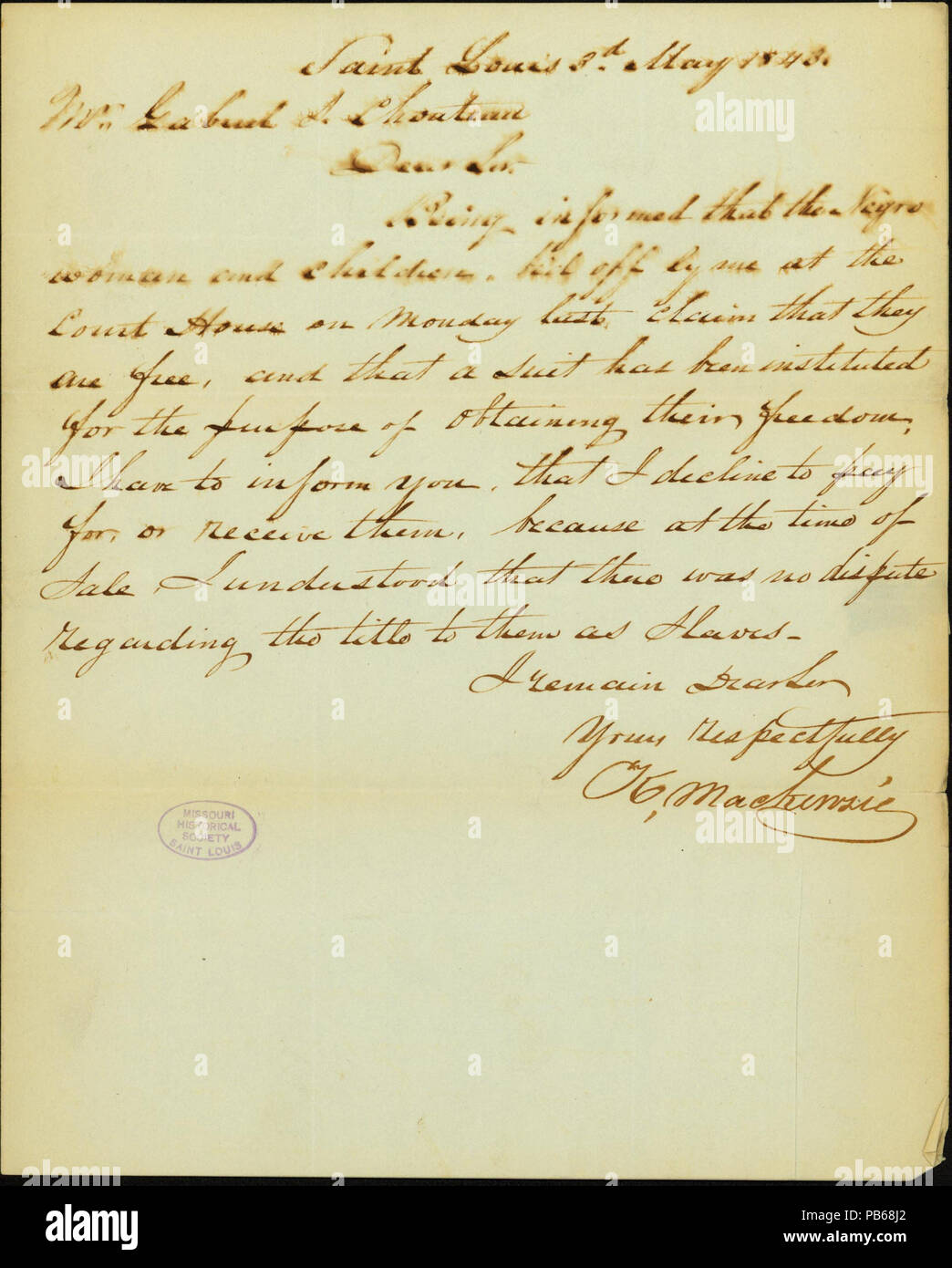 910 Letter signed K. Mackenzie, St. Louis, to Gabriel S. Chouteau, May ...