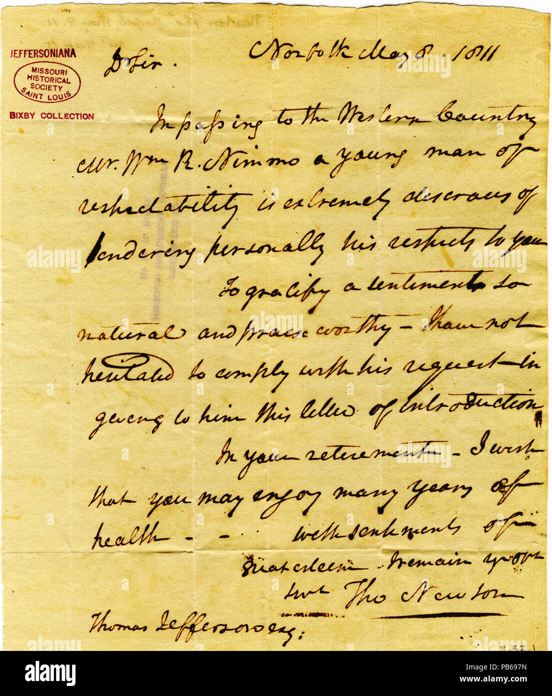 913 Letter signed Thomas Newton, Norfolk, to Thomas Jefferson, May 8 ...