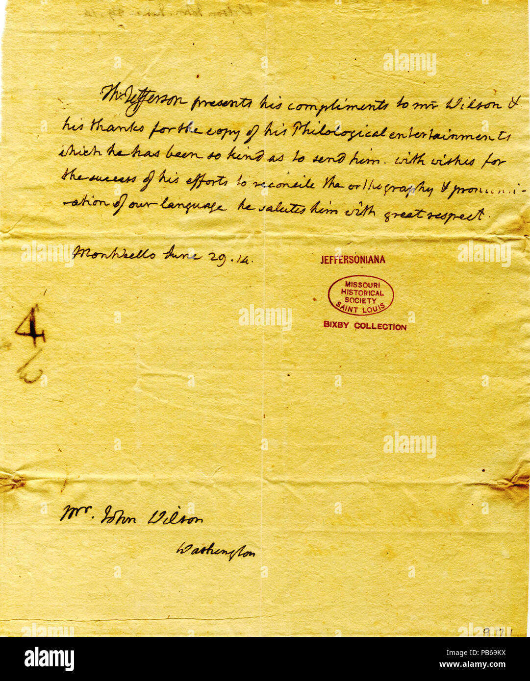 1119 Note from Thomas Jefferson, Monticello, to John Wilson, Washington ...
