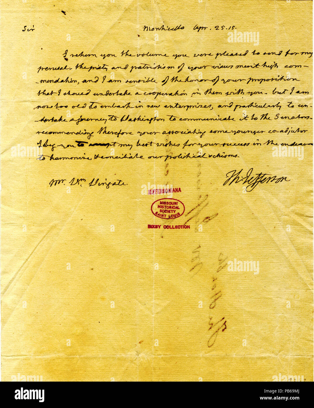 913 Letter signed Thomas Jefferson, Monticello, to William Wingate ...