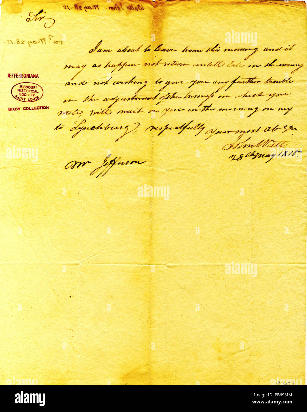 910 Letter signed John Watts to Thomas Jefferson, May 28, 1815 Stock ...
