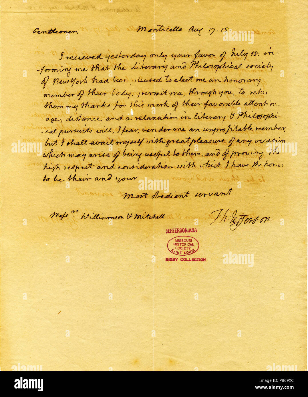 913 Letter signed Thomas Jefferson, Monticello, to Mr. Williamson and ...