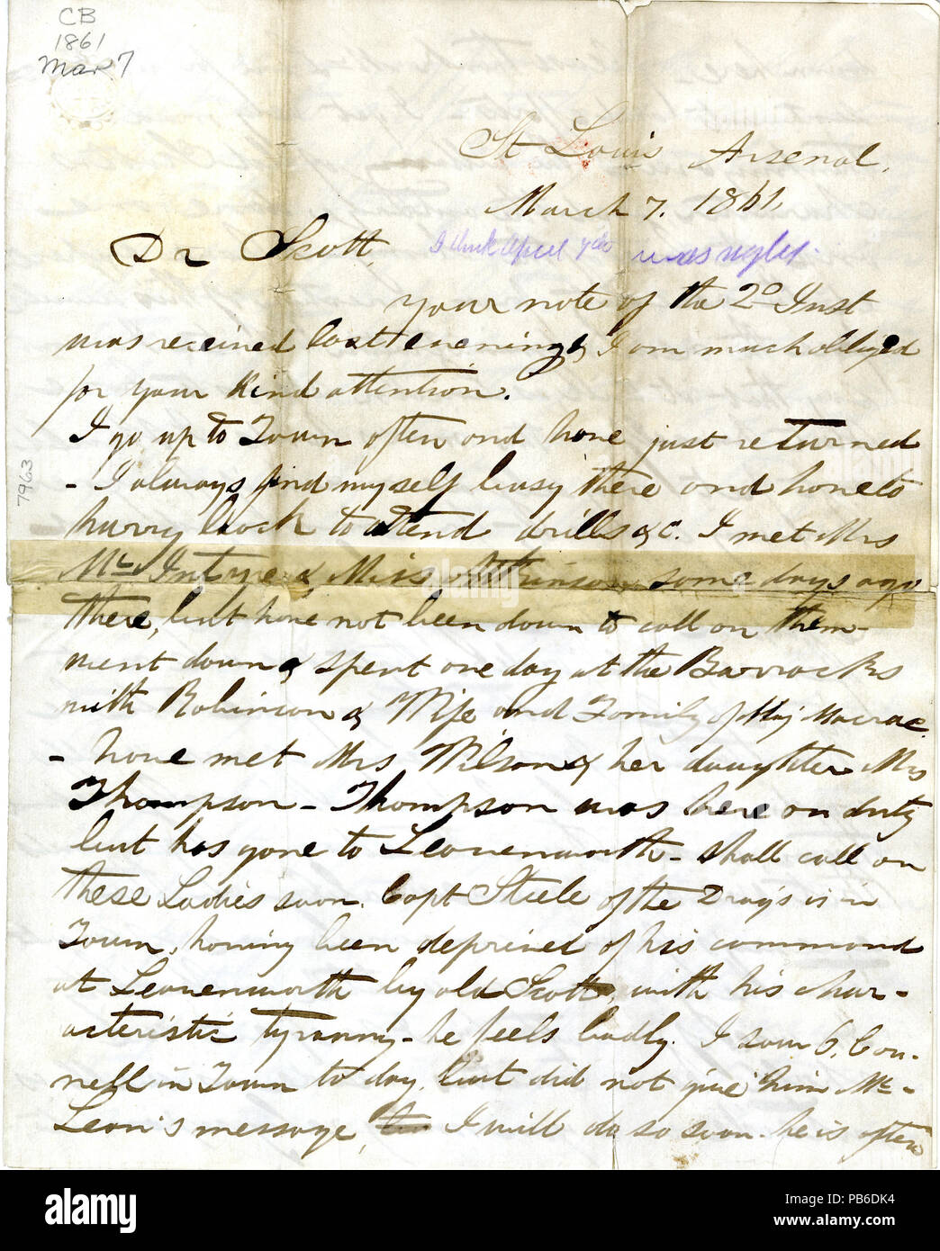 911 Letter signed N. Lyon (Nathaniel Lyon), St. Louis Arsenal, to Dr ...