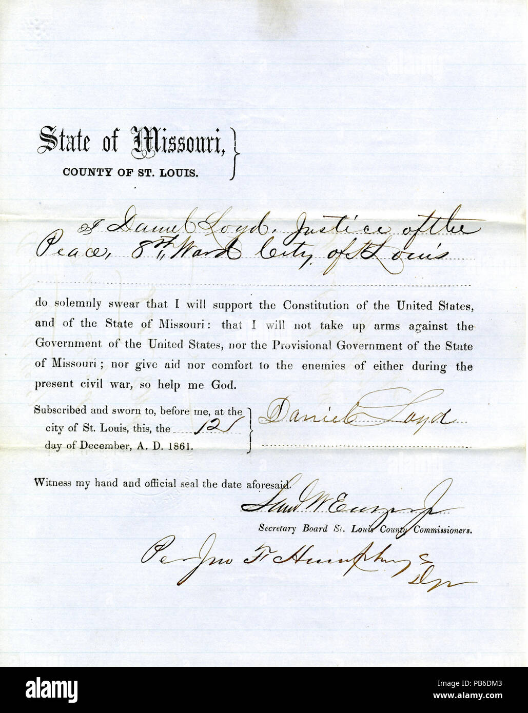 945 Loyalty oath of Daniel Loyd of Missouri, County of St.Louis Stock ...