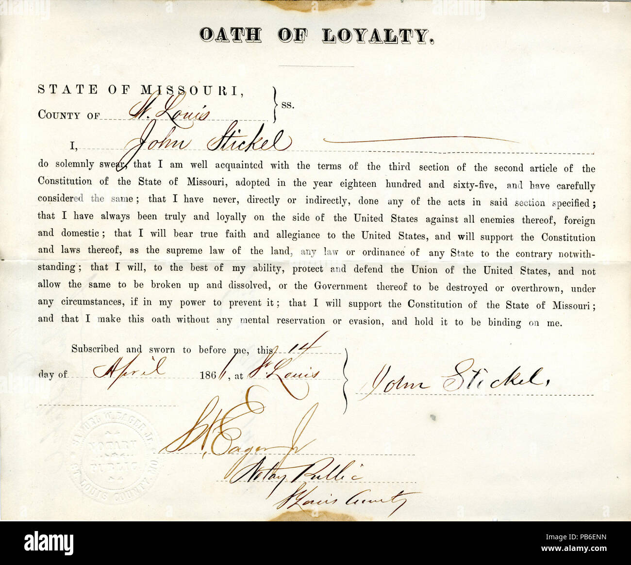951 Loyalty oath of John Stickel of Missouri, County of St. Louis Stock ...