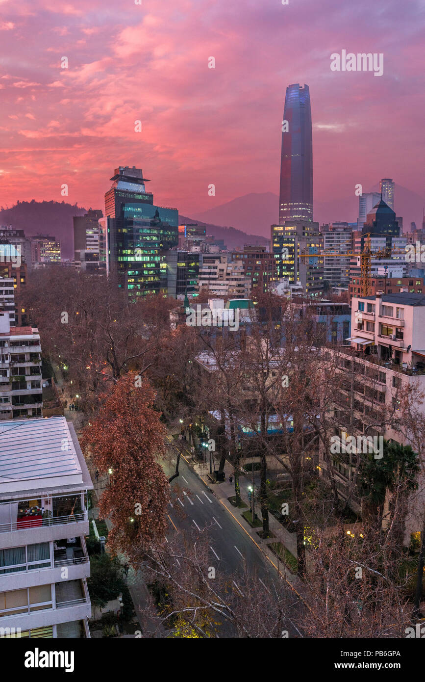 Sunset over Santiago de Chile city, an amazing and colorful skyline ...