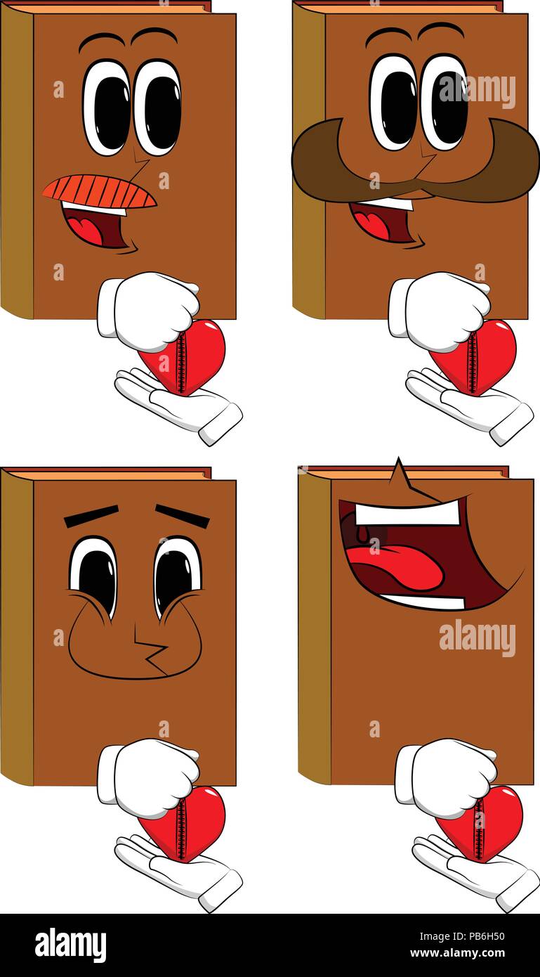 Books zipping his heart. Cartoon book collection with happy faces ...