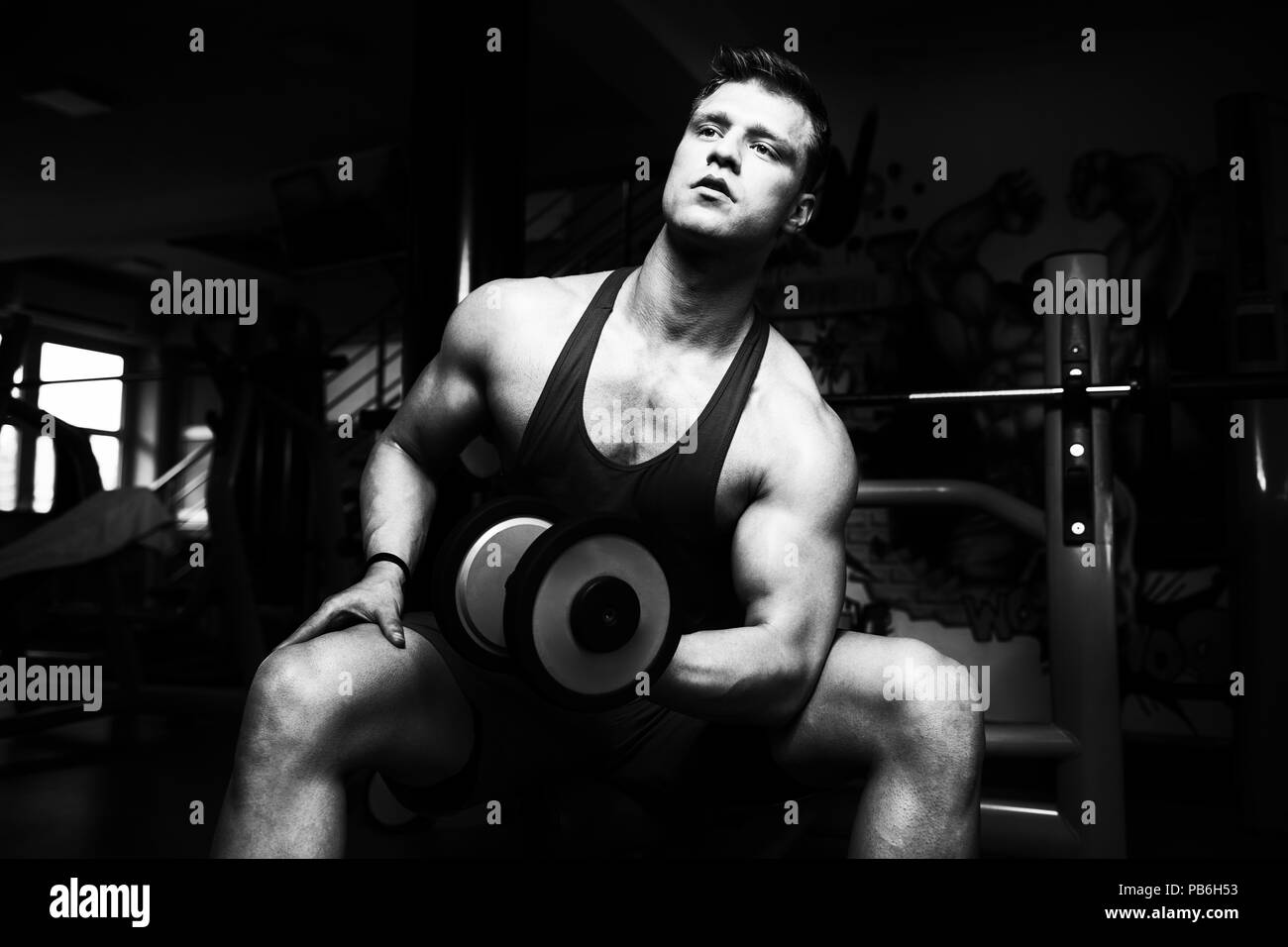 Man Working Out Biceps In A Gym - Dumbbell Concentration Curls Stock ...