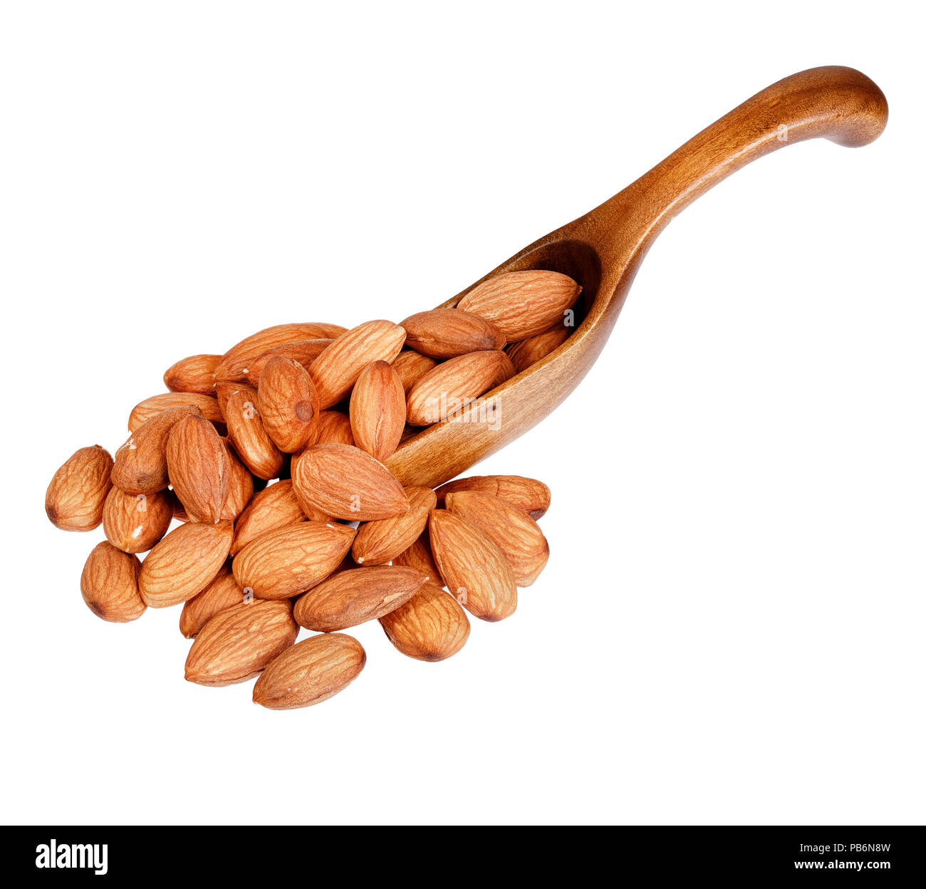 Almond nuts in the wooden spoon, isolated on white background Stock ...