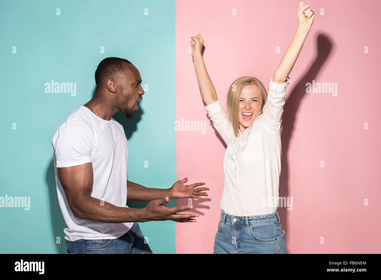 We won. Winning success happy afro man and woman celebrating being a ...