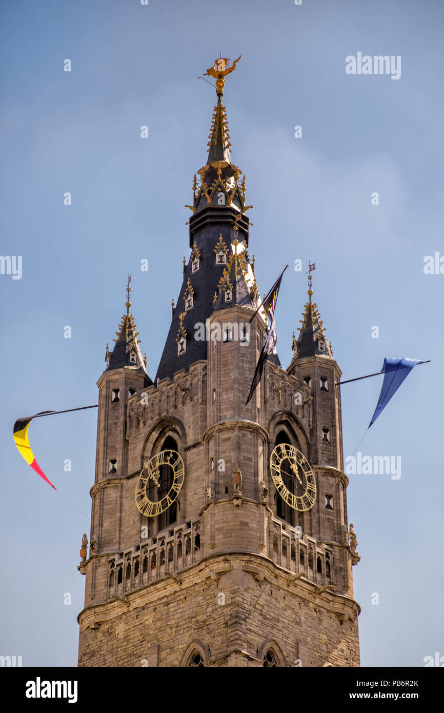 Tower of the Ghent Belfry, recognized UNESCO World Heritage, on a ...