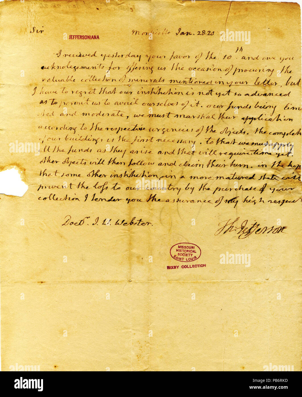 913 Letter signed Thomas Jefferson, Monticello, to Dr. J.W. Webster ...