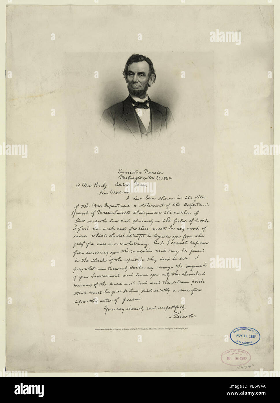 899 Letter from Abraham Lincoln to Mrs. Bixby, with bust-length ...