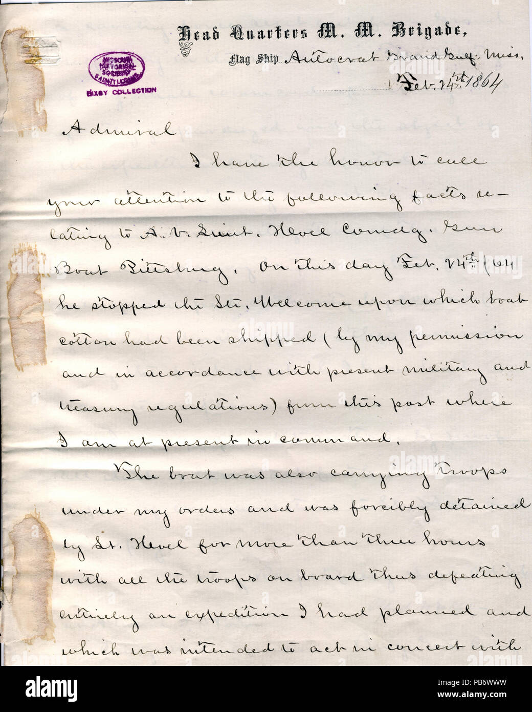 899 Letter from Alfred W. Ellet, headquarters, Mississippi Marine ...