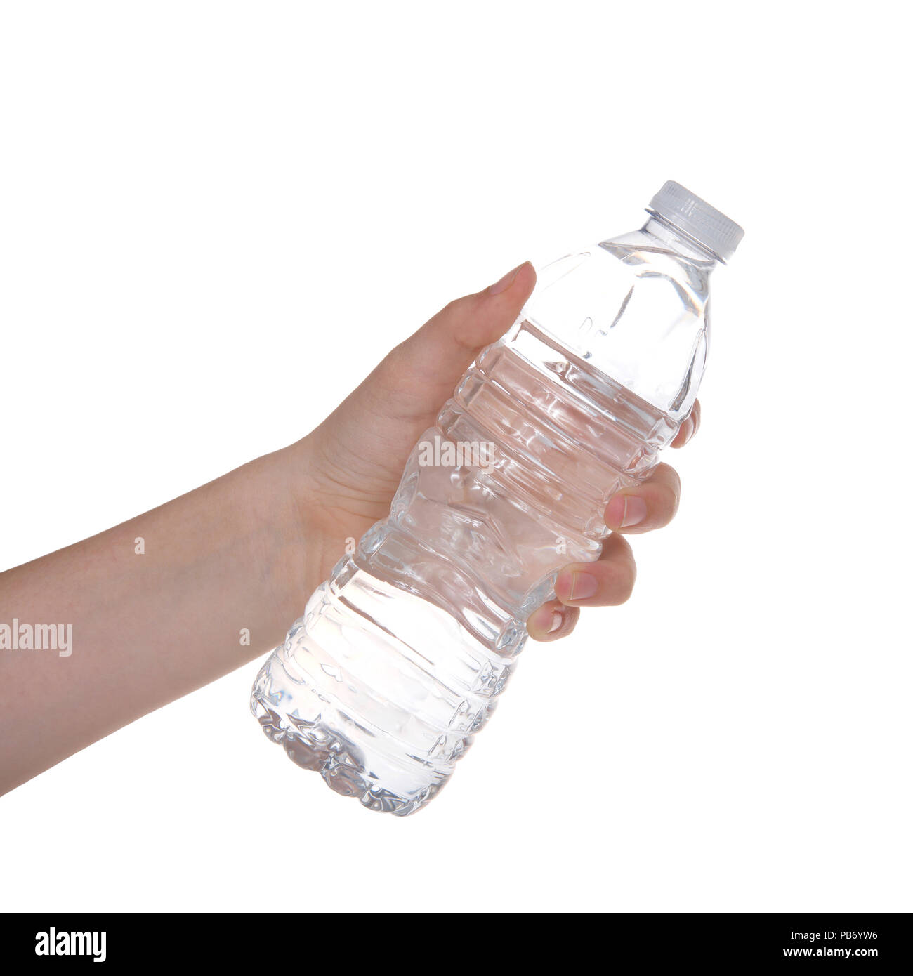 Young caucasian hand holding plastic water bottle isolated on white ...