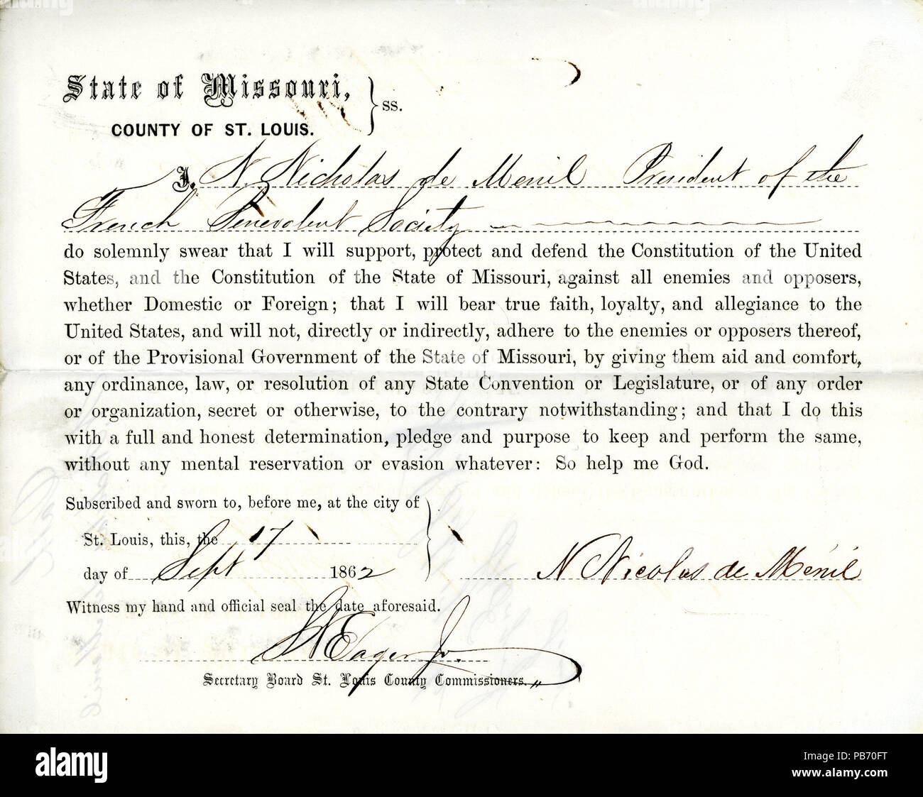 953 Loyalty oath of N. Nicolas DeMenil of Missouri, County of St. Louis ...