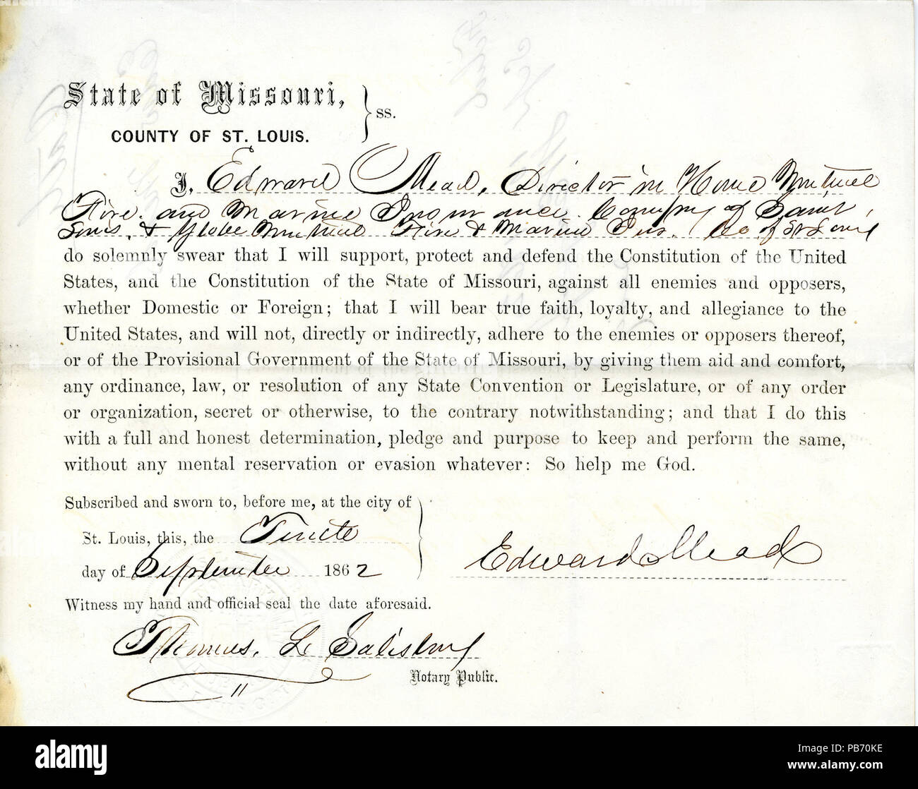 946 Loyalty oath of Edward Mead of Missouri, County of St. Louis Stock ...