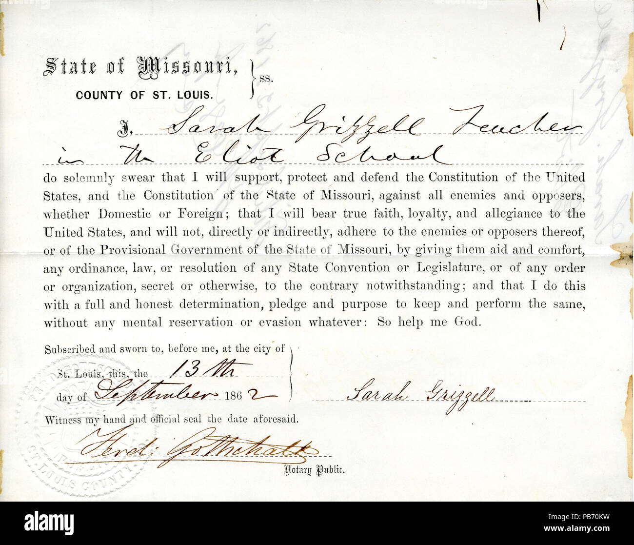 954 Loyalty oath of Sarah Grizzell of Missouri, County of St. Louis ...