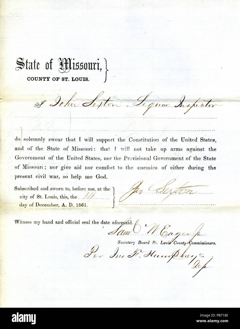 951 Loyalty oath of John Sexton of Missouri, County of St.Louis Stock ...