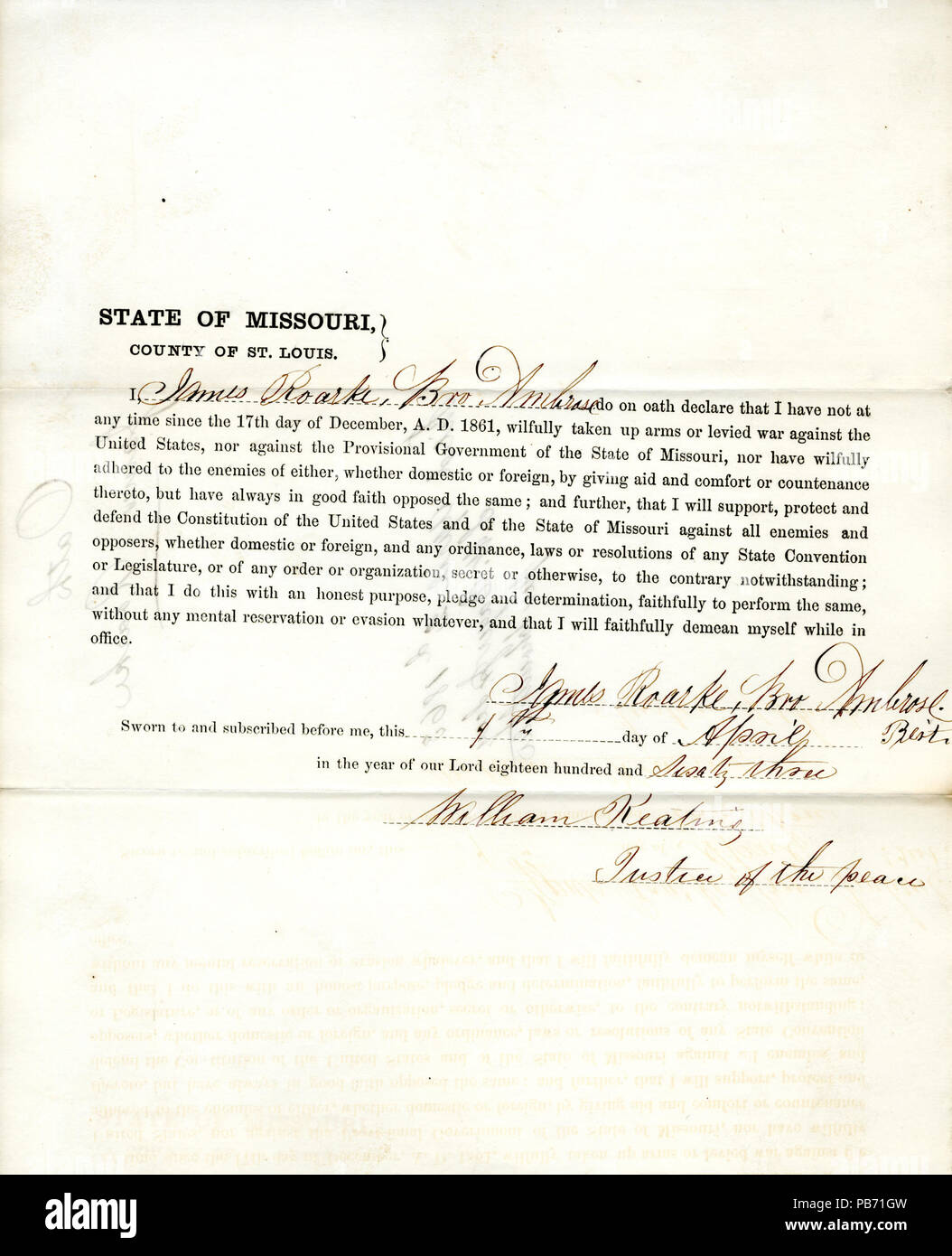 950 Loyalty oath of James Roarke of Missouri, County of St. Louis Stock ...