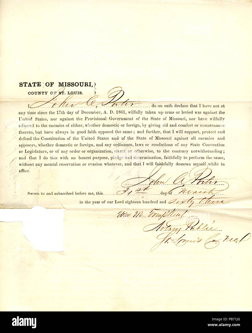 950 Loyalty oath of John C. Porter of Missouri, County of St. Louis ...