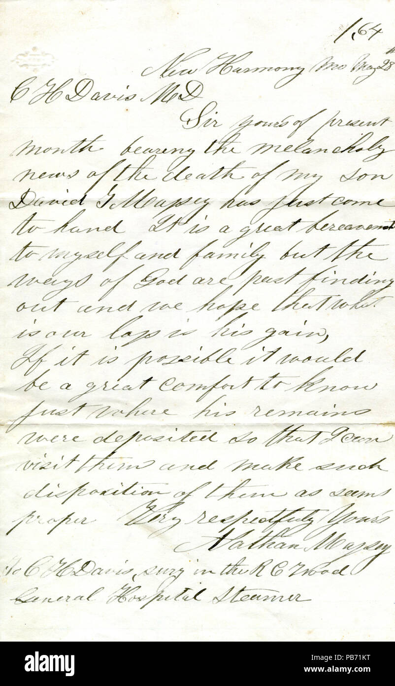911 Letter signed Nathan Massey, New Harmony, Mo., to C.H. Davis, M.D ...