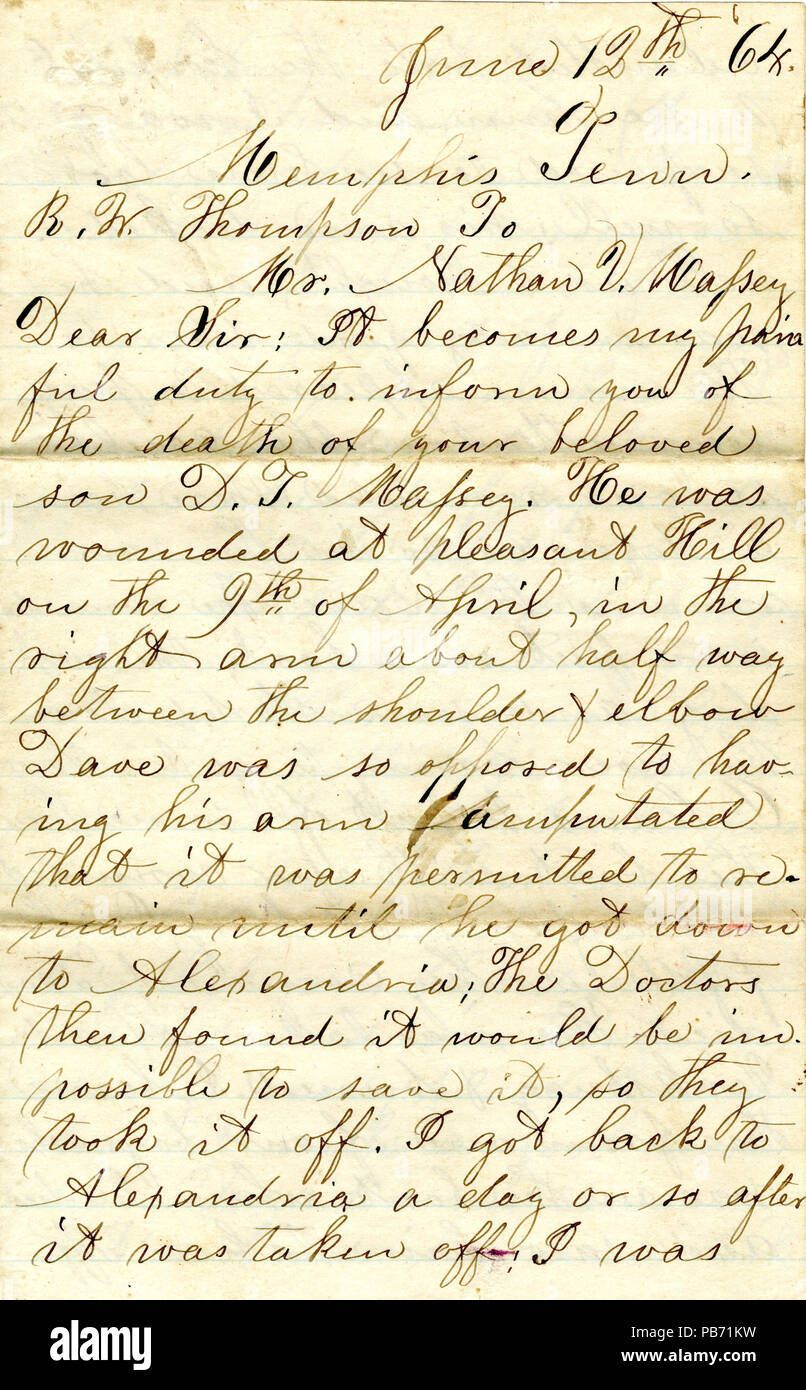 911 Letter signed R.W. Thompson, Memphis, Tenn., to Nathan V. Massey ...