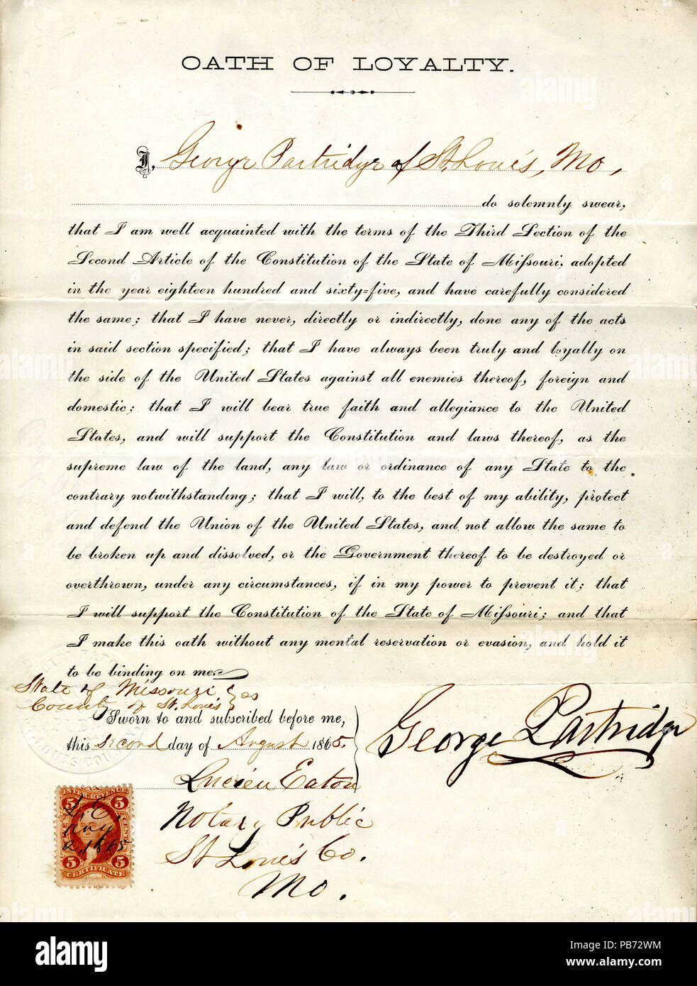 947 Loyalty oath of George Partridge of Missouri, County of St. Louis ...