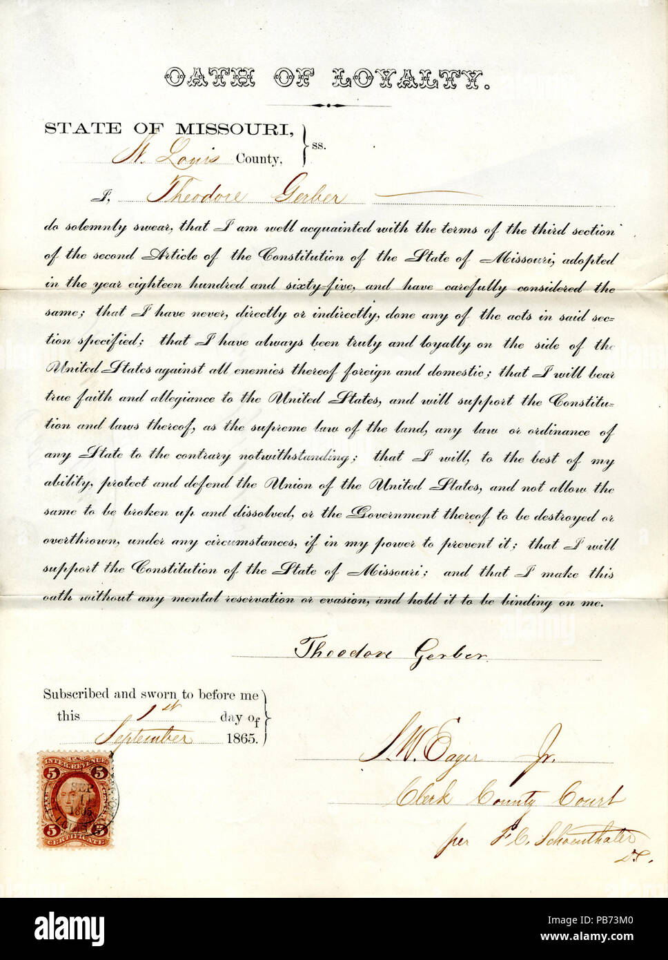 955 Loyalty oath of Theodore Gerber of Missouri, County of St. Louis ...