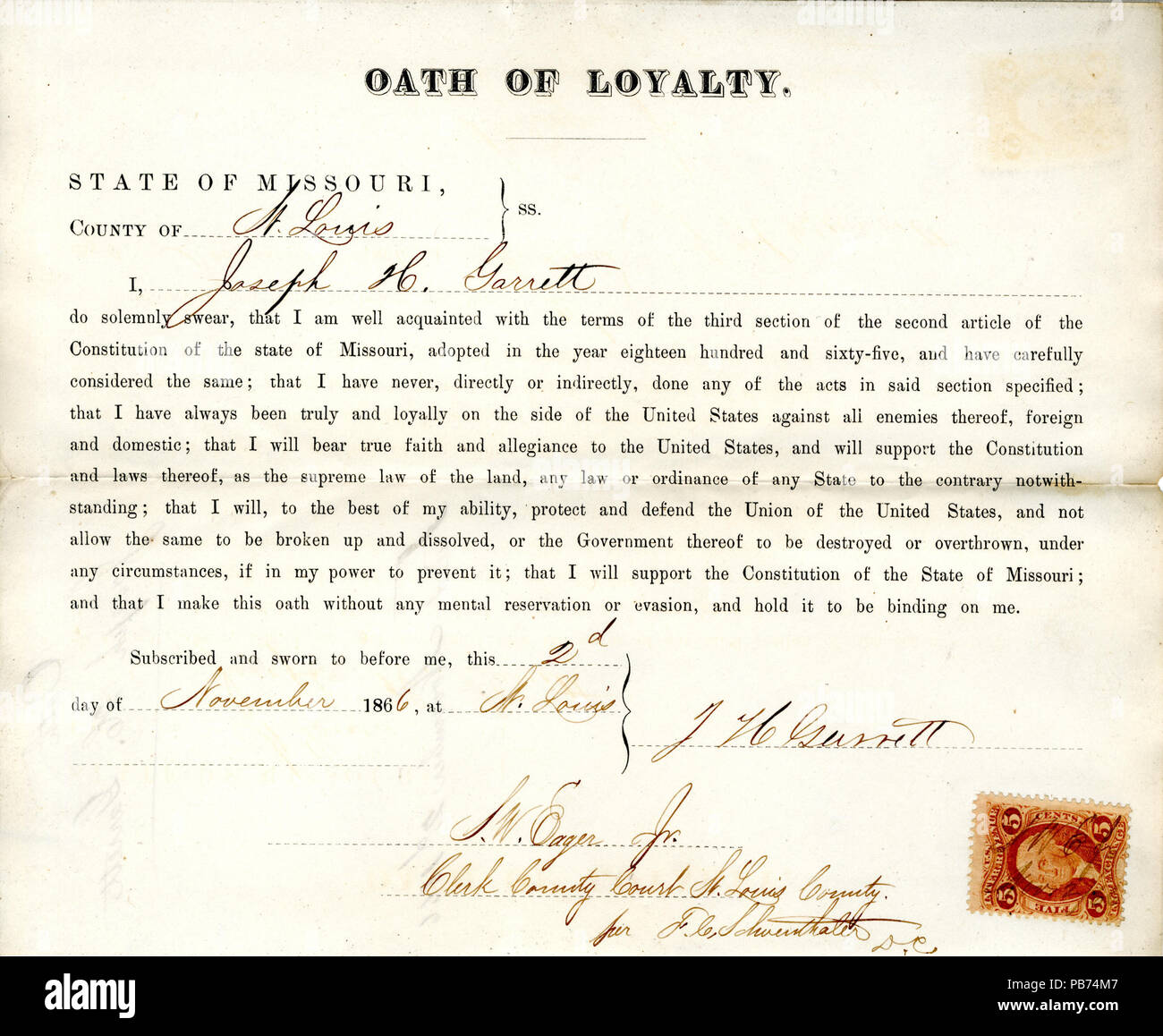 952 Loyalty oath of Joseph H. Garrett of Missouri, County of St. Louis ...