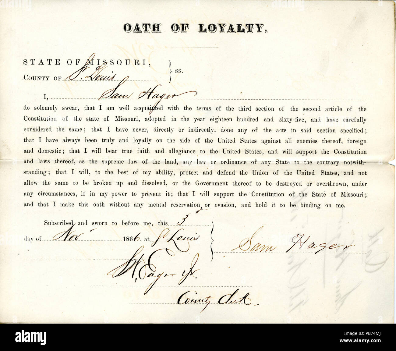 954 Loyalty oath of Sam Hager of Missouri, County of St. Louis Stock ...