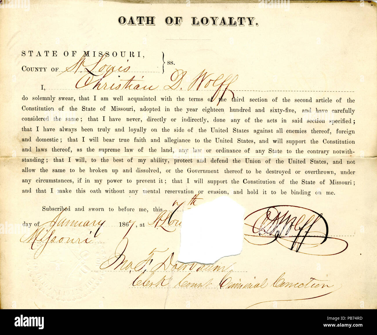 945 Loyalty oath of Christian D. Wolf of Missouri, County of St. Louis ...