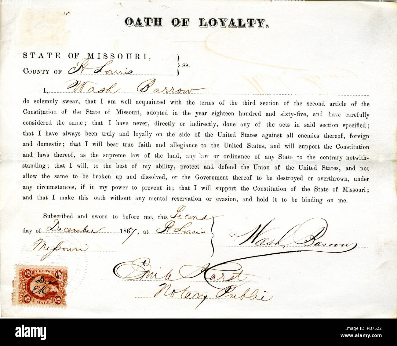 955 Loyalty oath of Wash Barrow of Missouri, County of St. Louis Stock ...