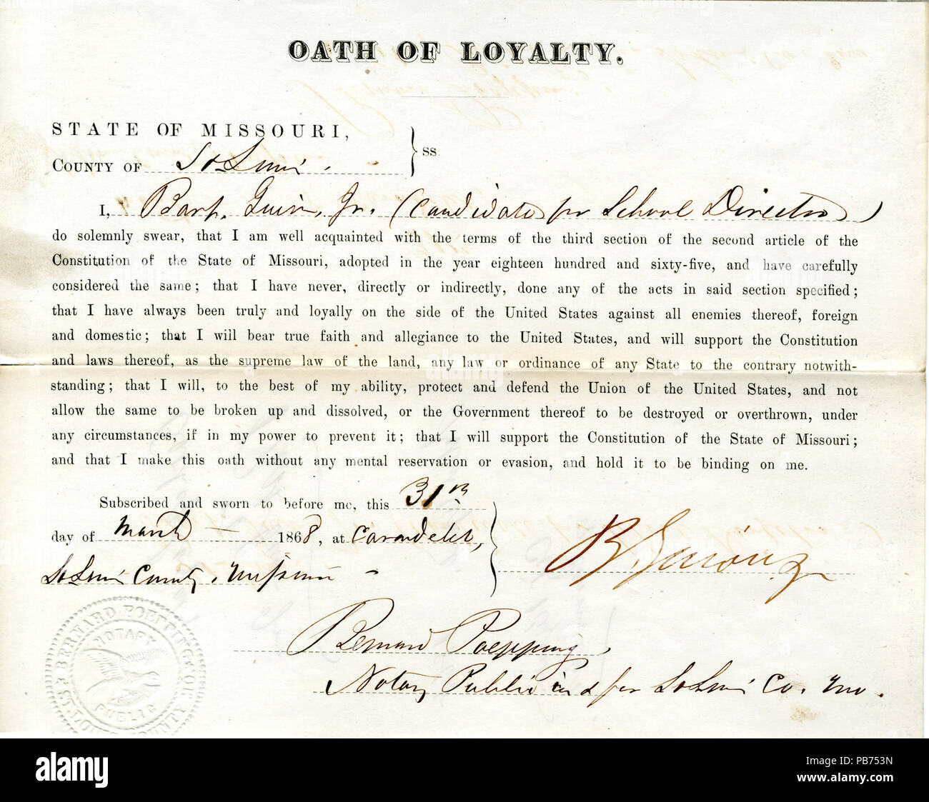 944 Loyalty oath of Bart. Guion Jr. of Missouri, County of St. Louis ...