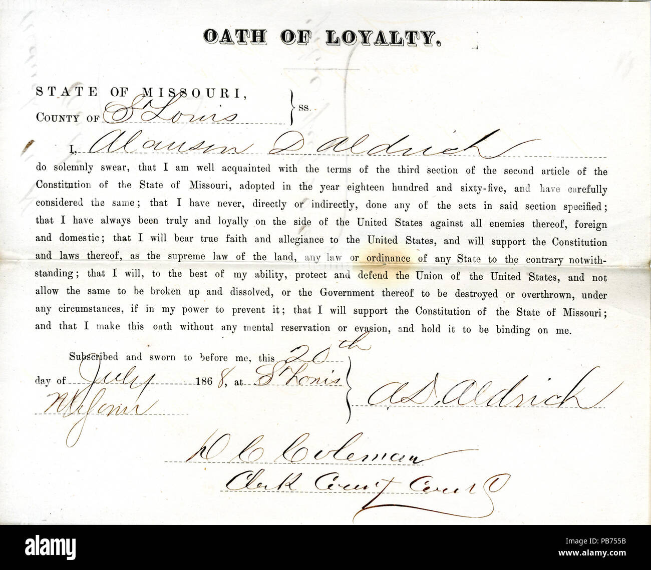 943 Loyalty oath of Alanson D. Aldrich of Missouri, County of St. Louis ...