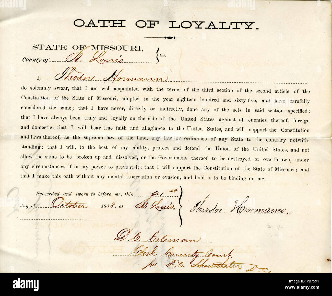 955 Loyalty oath of Theodore Hormann of Missouri, County of St. Louis ...