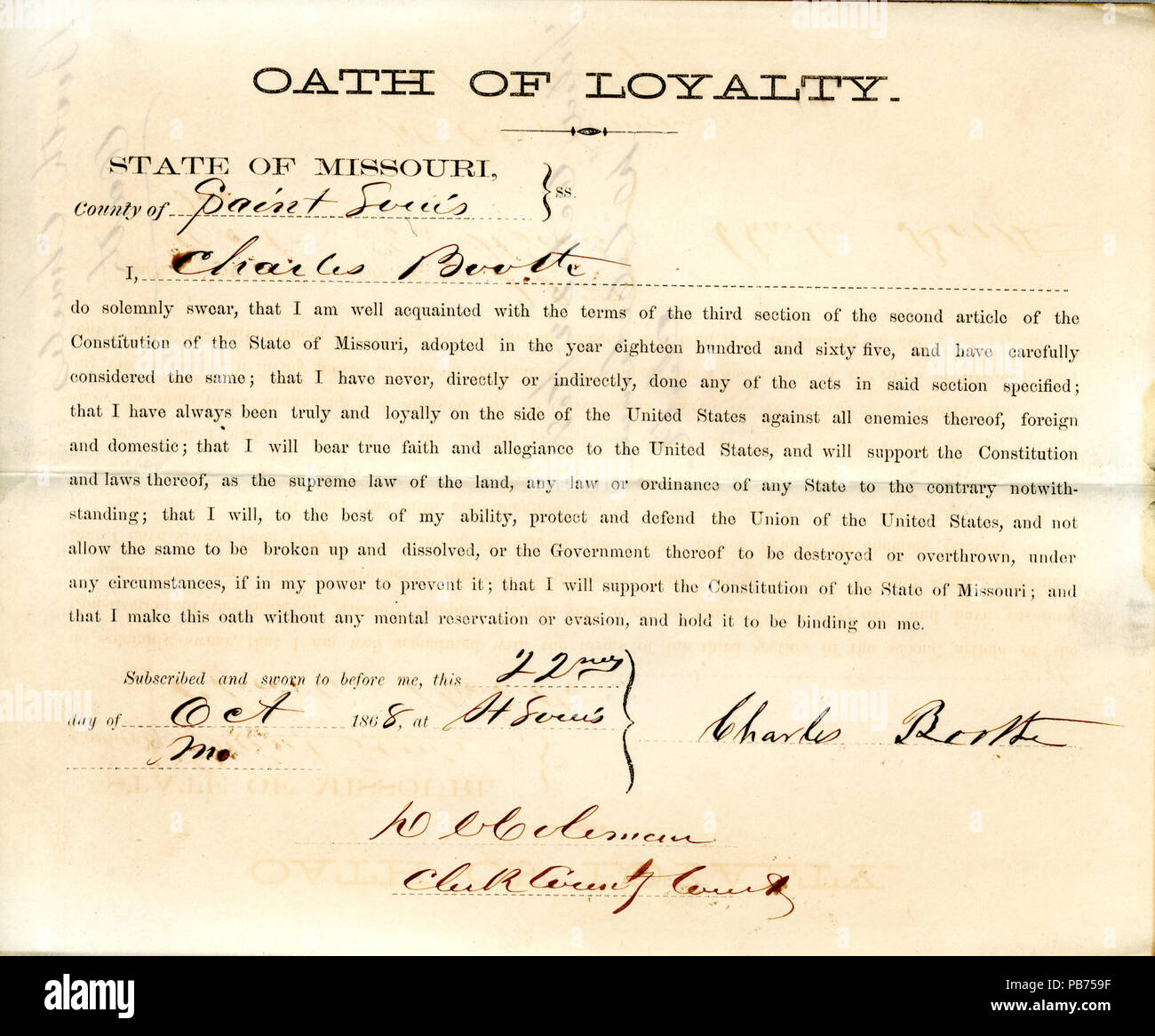 944 Loyalty oath of Charles Booth of Missouri, County of St. Louis ...
