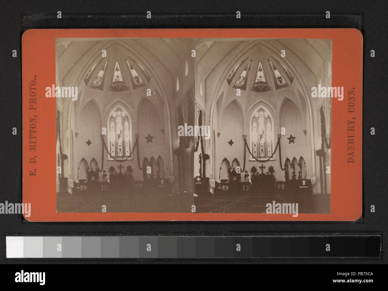 1810 View of a garland-draped church interior with the pastor in the ...