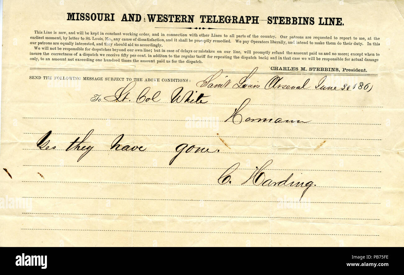 1602 Telegraph of C. Harding, Saint Louis Arsenal, to Lieutenant ...