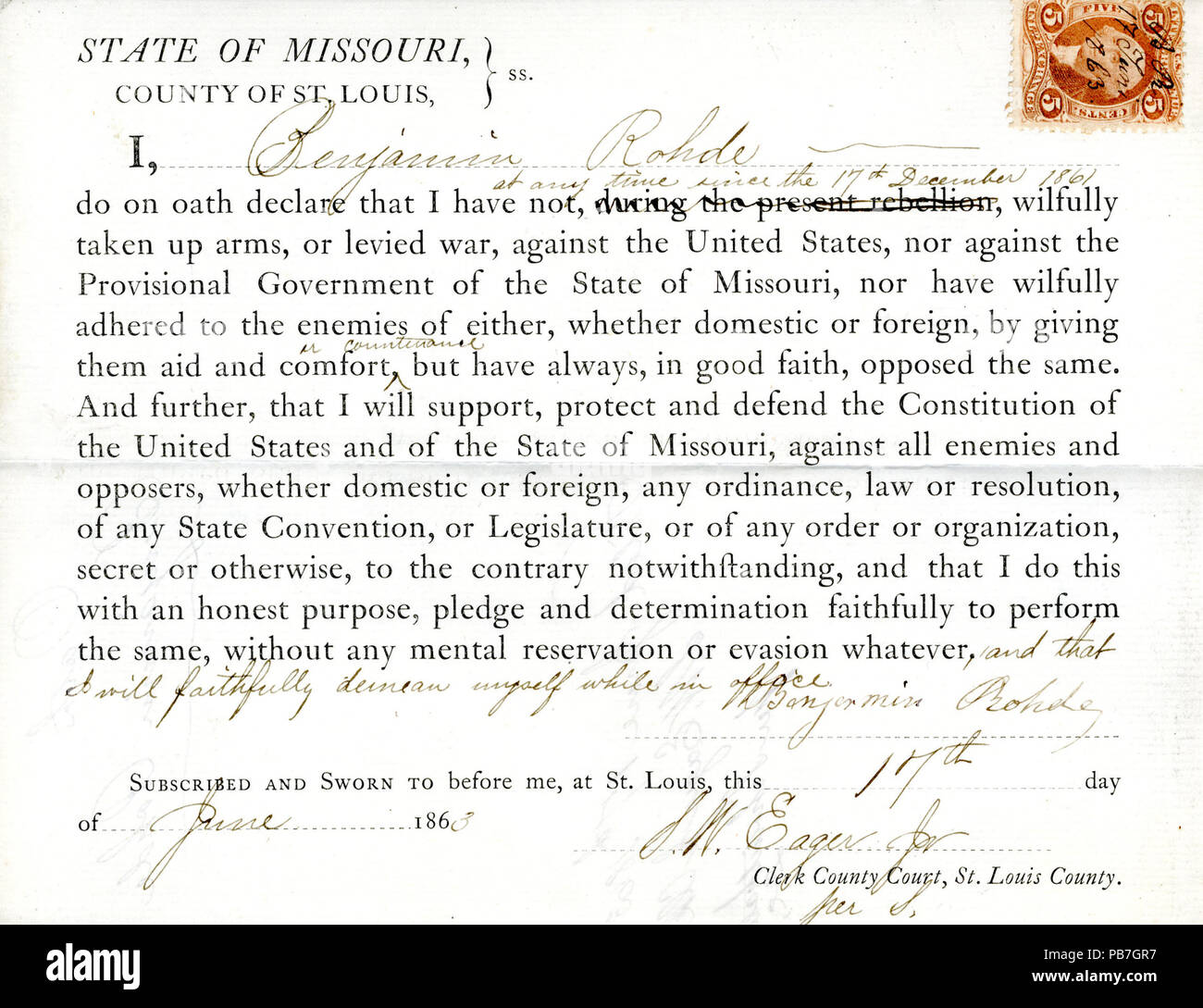 944 Loyalty oath of Benjamin Rohde of Missouri, County of St. Louis ...