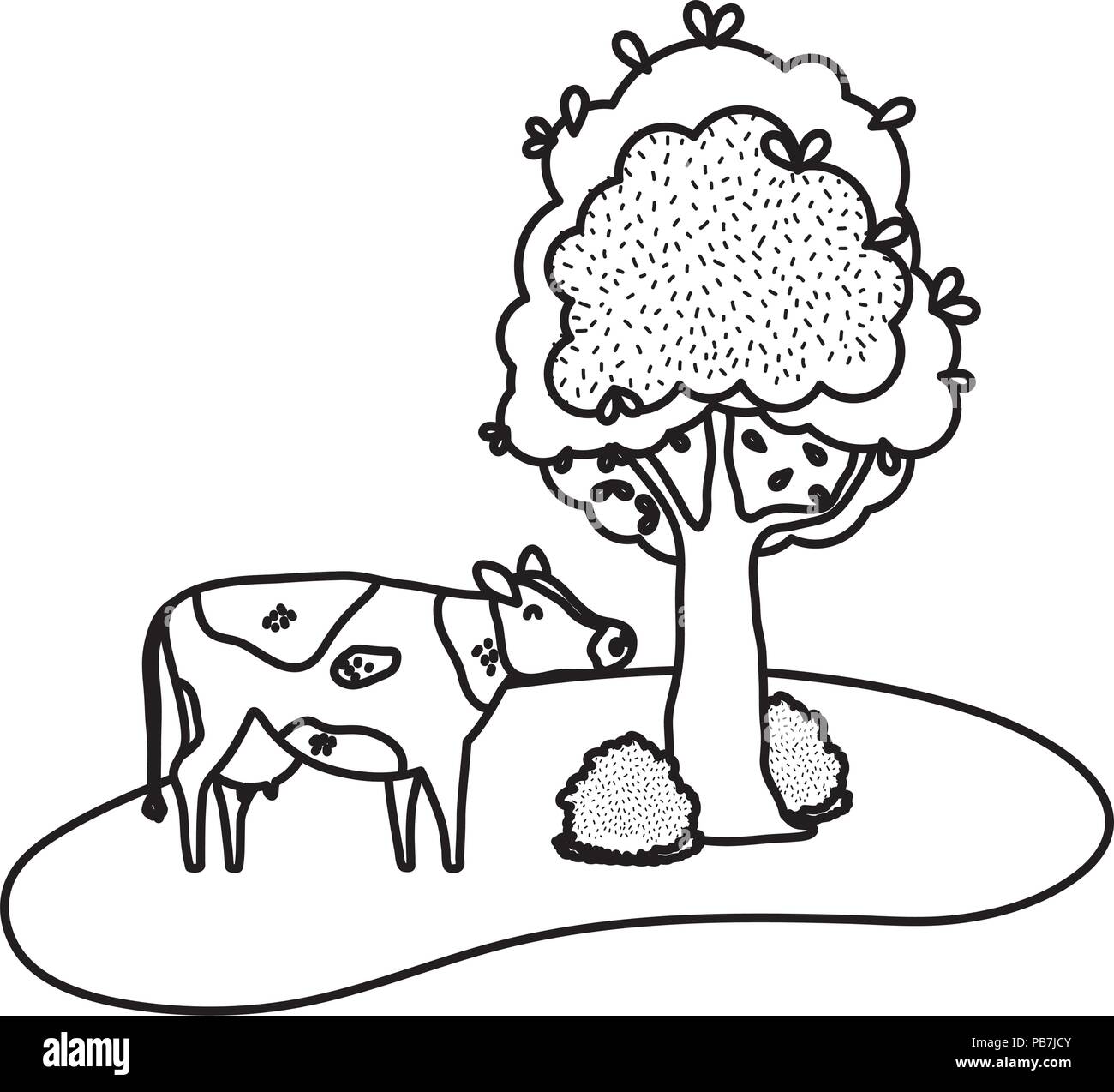 line cute cow farm animal next to tree Stock Vector Image & Art - Alamy