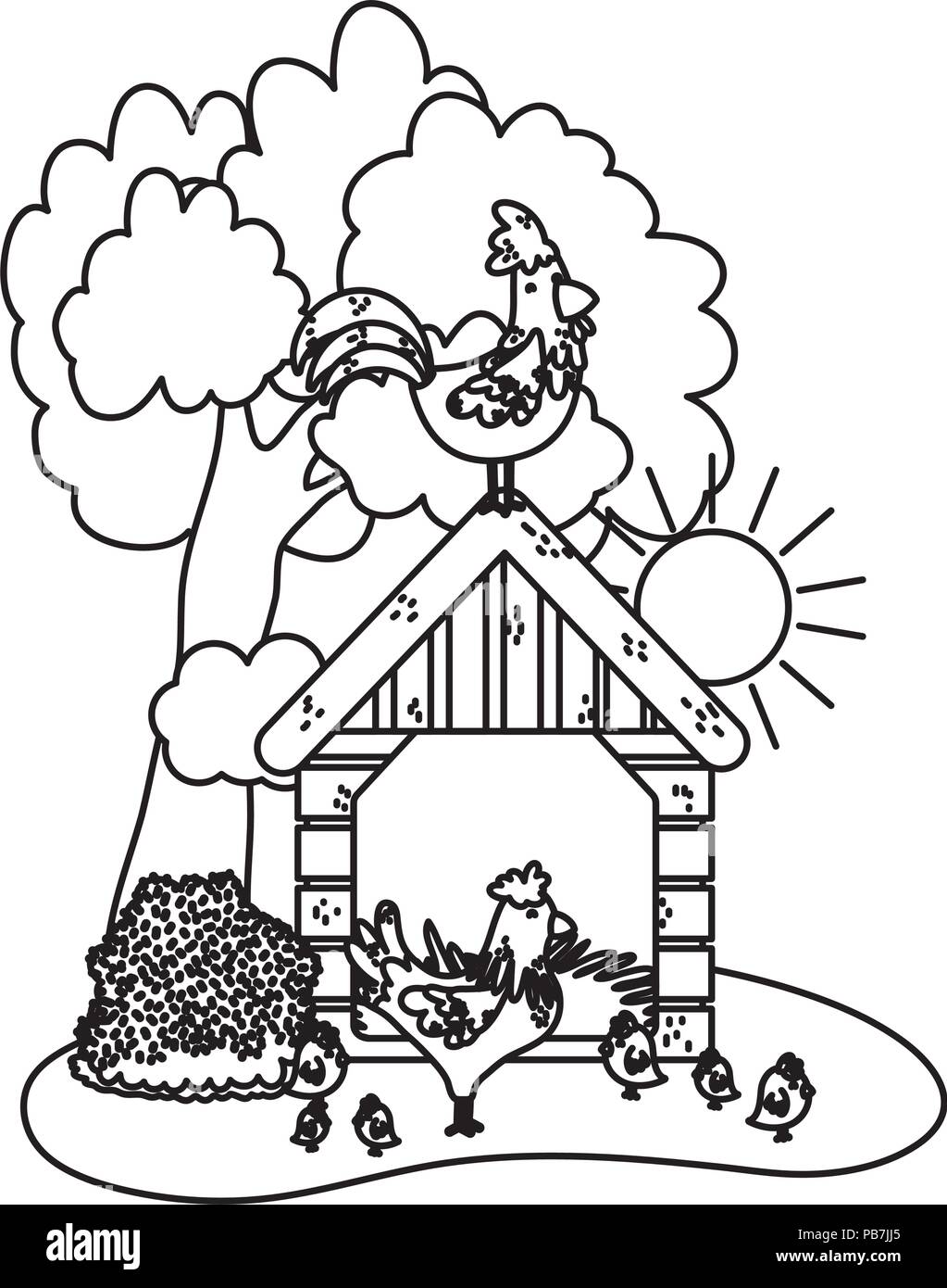 line hen over house and rooster with chicks animals Stock Vector Image ...